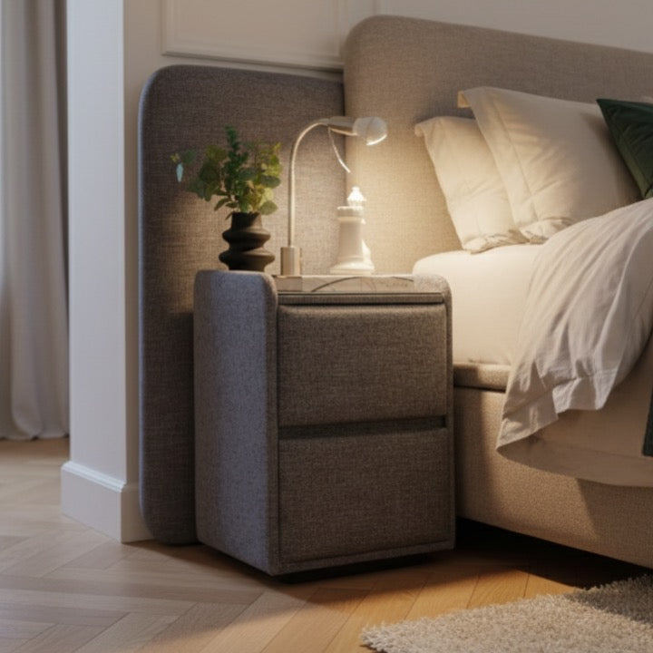 Fabric Upholstered Bedside Table with Glass Top & 2 Drawers | Modern ...